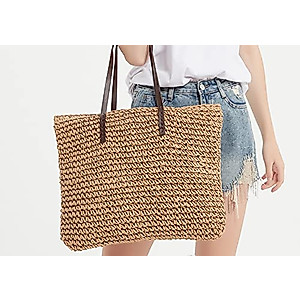 Vgift Beach Bags for Women, Large Straw Tote with Zipper for Summer, Khaki