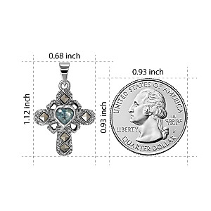 WithLoveSilver Sterling Silver 925 Celtic Cross with 5mm Heart CZ and Square Marcasites Pendant (Aqua Glass)
