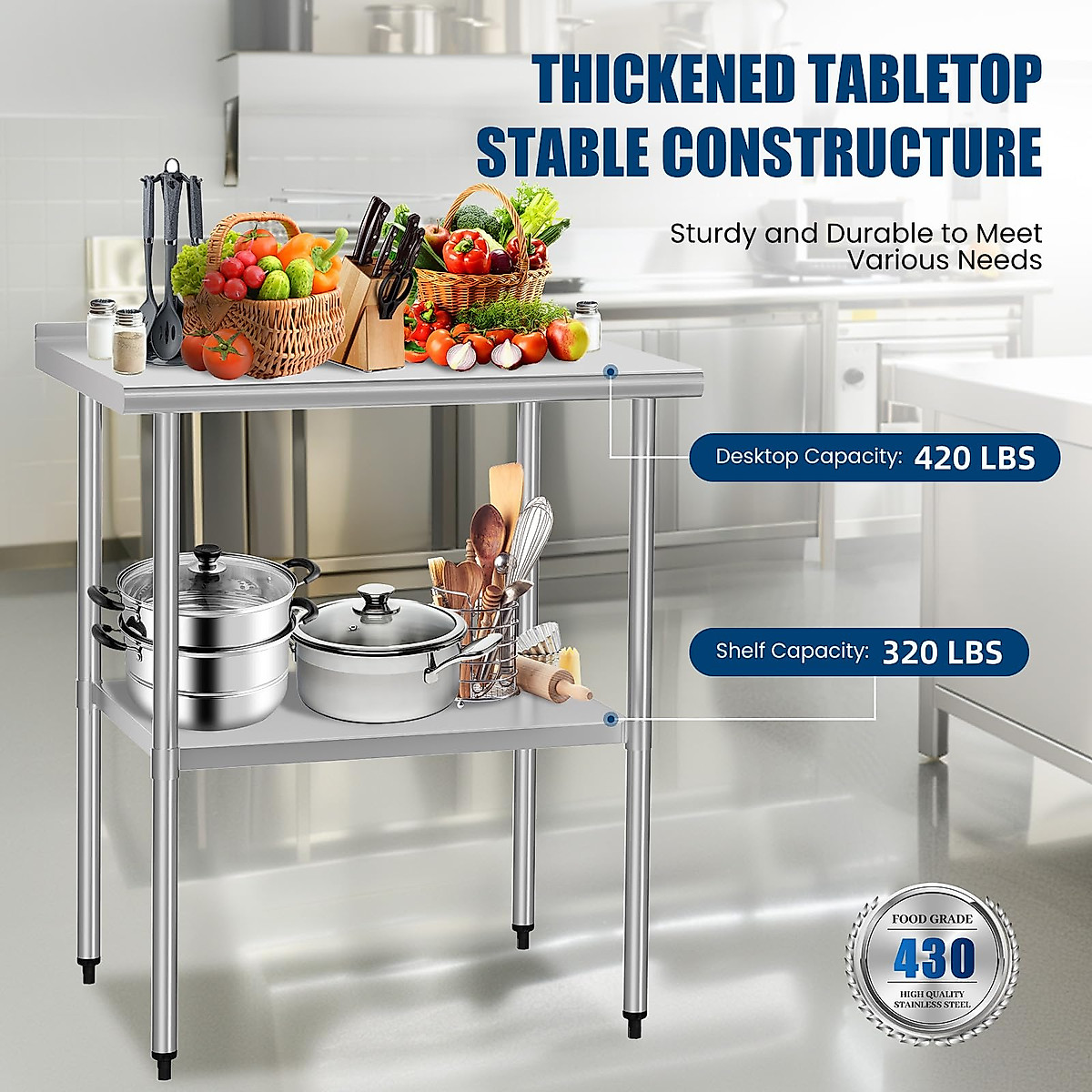 Chingoo Stainless Steel Table 24 x 30 Inches Metal Prep Table with Backsplash & Adjustable Undershelf, Stainless Table for Commercial Kitchen, Outdoor, Restaurant, Hotel & Garage