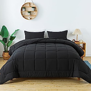 HOXXME Twin Size Comforter Set Black, All Seasons Bedding Comforters & Sets with Pillow Cases, 2 Pieces Lightweight Summer Duvet Insert, Down Alternative Bedding Set with 1 Pillowcases, 64"x88"