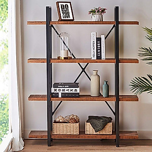 HSH 4 Tier Natural Real Wood Bookshelf, 4 Shelf Rustic Solid Wooden and Metal Bookcase, Farmhouse Open Vintage Industrial Etagere Book Shelf for Office Living Room Bedroom Storage, Distressed Brown