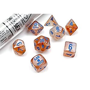 Rose Gold Borealis Luminary Dice with Light Blue Numbers 7+1 Dice Set 16mm (5/8in) Limited Edition Lab Dice Chessex