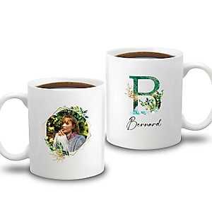 Personalized Ceramic Mug with Add Photo Custom Name Green & Gold Leaf for Women, Customized Coffee Mug Cup 11oz 15oz Gift for Special Day, White Mugs Custom Letter Alphabet Initial for Wife/Mom