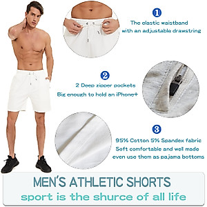 HEALONG Mens Athletic Shorts Cotton: Gym Workout Running Exercise Training - 7" Elastic Waist Drawstring Fashion Casual Sports for Men with Zipper Pockets White