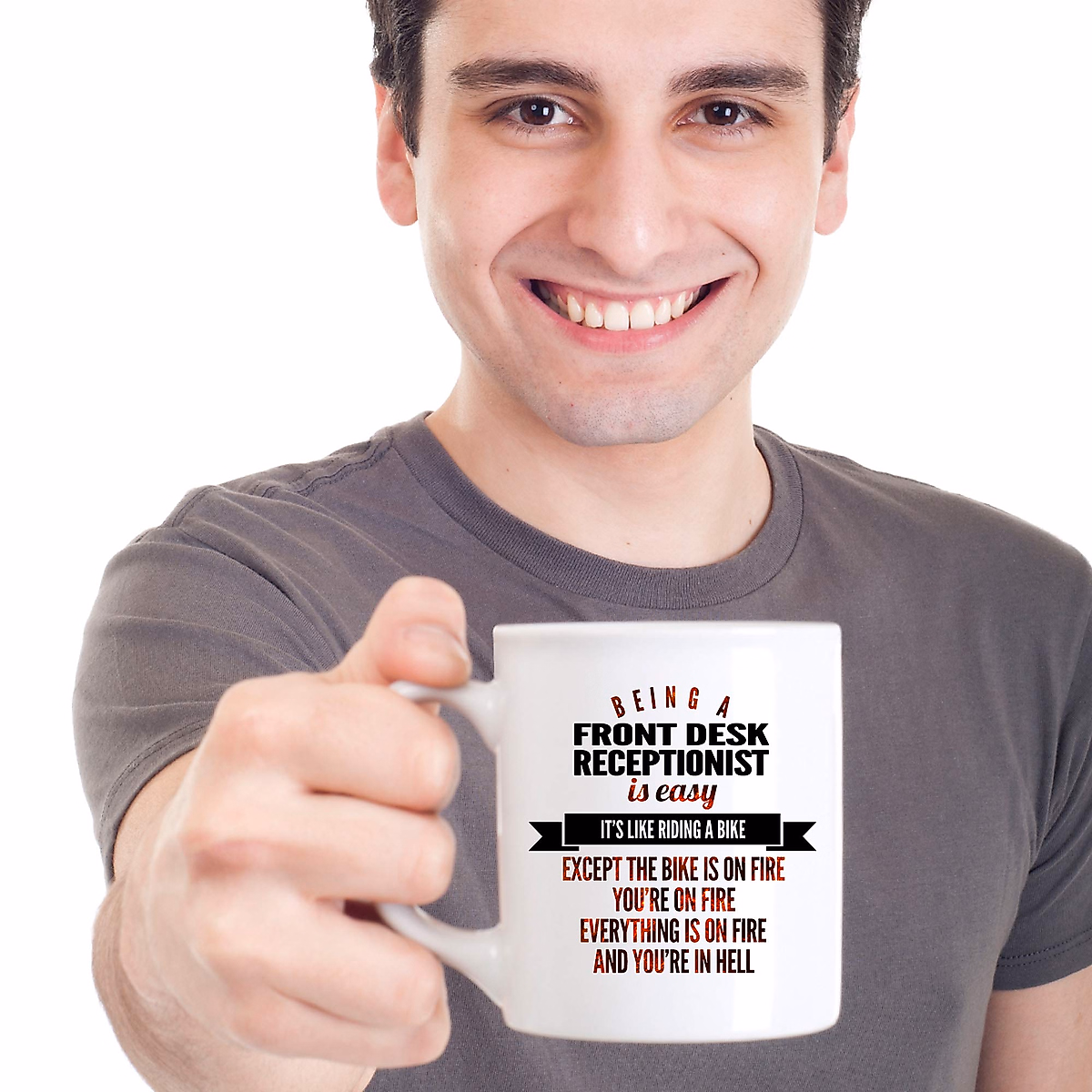 Front Desk Receptionist Coffee Mug 11 oz white. Being A Front Desk Receptionist Is Easy Like Riding A Bike Except The Bike Is On Fire You're On Fire And In Hell Funny Gifts for Women Men
