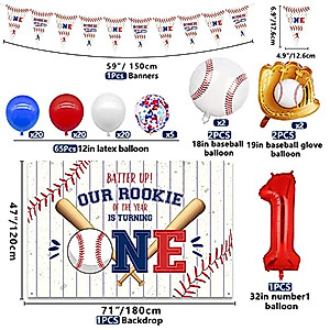 Baseball 1st Birthday Party Supplies, Includes Rookie of The Year Banner, Backdrop, Tablecloth, Balloons, Plates, Napkins, Cups and Straws for Boys Baby First Baseball Party Decor, Serves 20 Guests