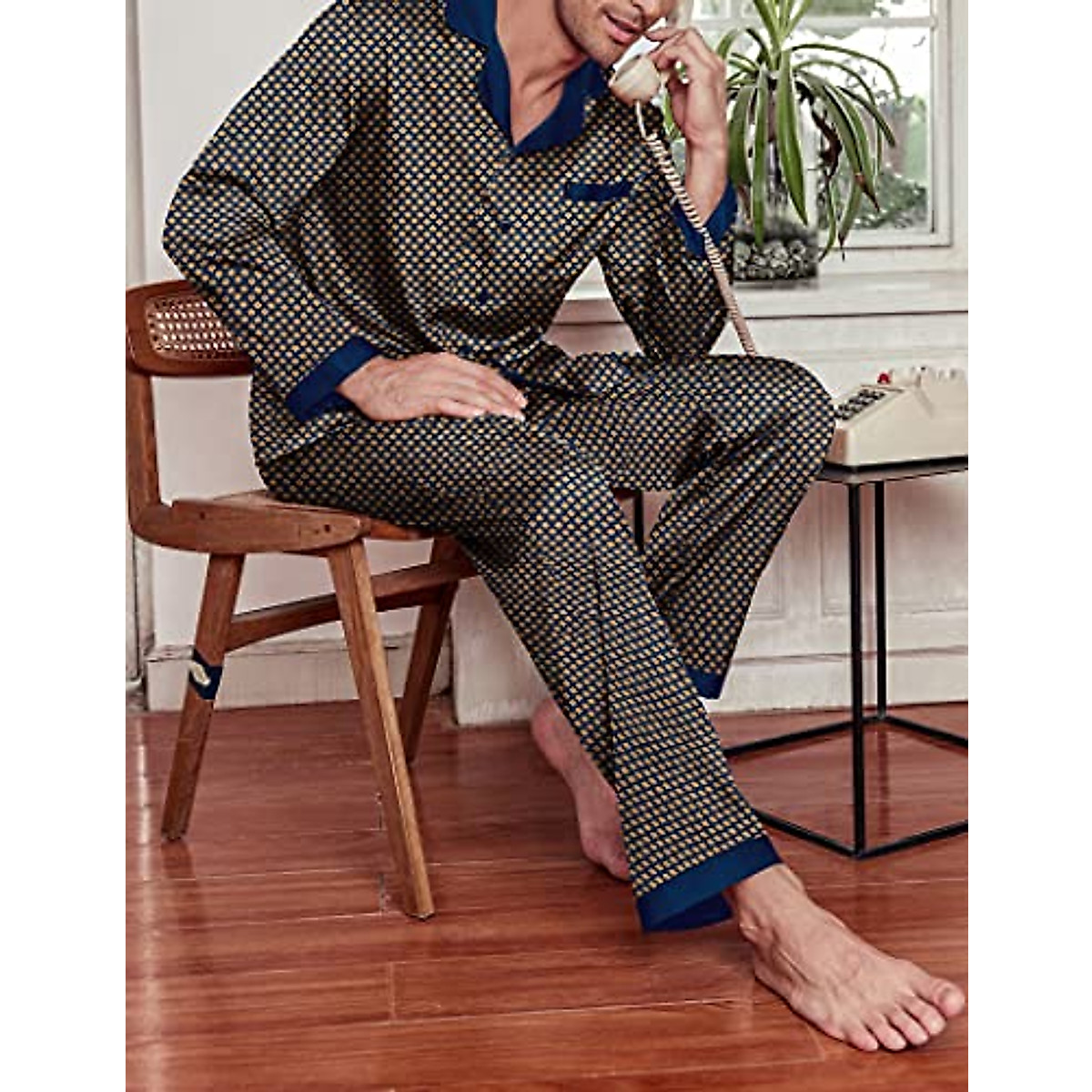 Ekouaer Men's Silk Pajama Set Long Satin Loungewear 2 Piece Pjs Classic Button Down Sleepwear