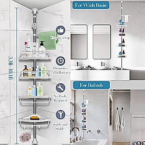 YorkHoMo Shower Caddy, Shower Caddy Tension Pole 4 Layer Adjustable Rustproof Stainless Steel Bathroom Shower Organizer Bathtub Storage Holder Rack Height 3.3 to10.1ft