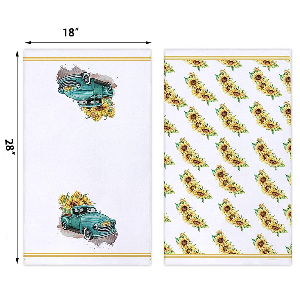 Set of 2 Watercolor Sunflower Kitchen Dish Towel 18 x 28 Inch, Seasonal Spring Summer Sunflower Truck Tea Towels Dish Cloth for Cooking Baking