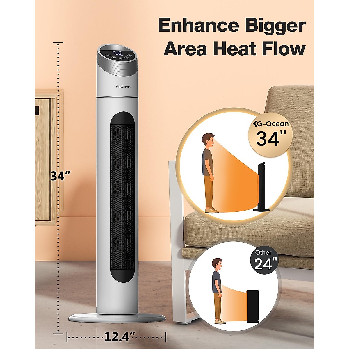 Space Heater for Large Room, 34" Tower Heater with Remote, 1500W Space Heater with 12H Timer, 70° Oscillating, Adjustable Thermostat, Overheating & Tip-over Protection for Garage, Home Indoor Use
