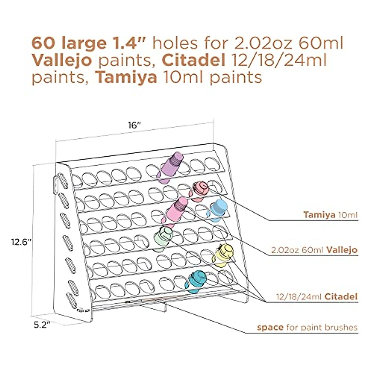 Plydolex Citadel Paint Rack Organizer with 60 Holes for Miniature Paint Set - Wall-mounted Wooden Craft Paint Storage Rack - Craft Paint Holder Rack 16x5.2x12.6 inch