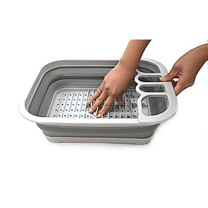 SAMMART Collapsible Dish Drainer with Drainer Board - Foldable Drying Rack Set - Portable Dinnerware Organizer - Space Saving Kitchen Storage Tray (1, Grey)