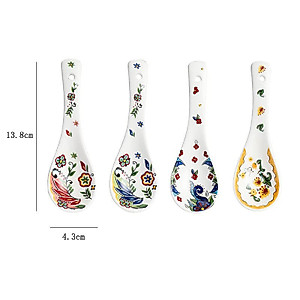 HonHeam Ceramic Soup Spoons Set, Bohemian Porcelain Rice Spoons, Colorful Glaze Flower Pattern Tableware Spoons Set of 4