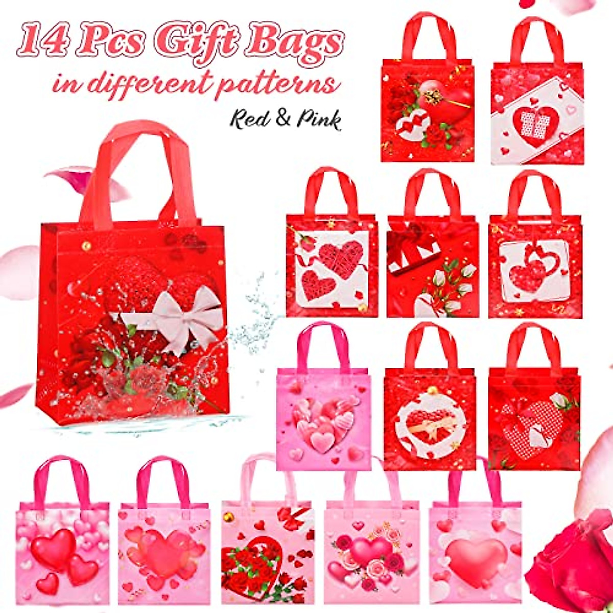 14 Pcs Valentines Day Gift Bags with Handles Reusable Treat Bag Valentines Day Party Bags Multifunctional Non Woven Heart Tote Bag for Valentines Party Supplies Gifts Wrapping, 9.06 x 8.66 x 4.33 Inch
