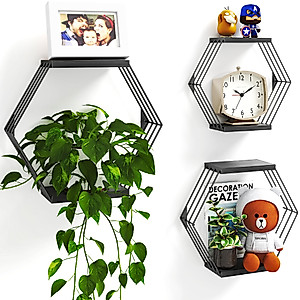 YEMNMFH Hexagon Floating Shelves for Wall Set of 3, Black Metal Wall Decor Honeycomb Shelves, Trinket Shelf, Natural Wood Decorative Floating Shelves for Bedroom, Living Room, Kitchen and Office