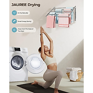 JAUREE Wall Mounted Clothes Drying Rack, Laundry Drying Rack Stainless Steel, Wall Drying Rack Clothing Foldable with 6 Drying Rods, Space Saving Wall Clothes Dryer Rack