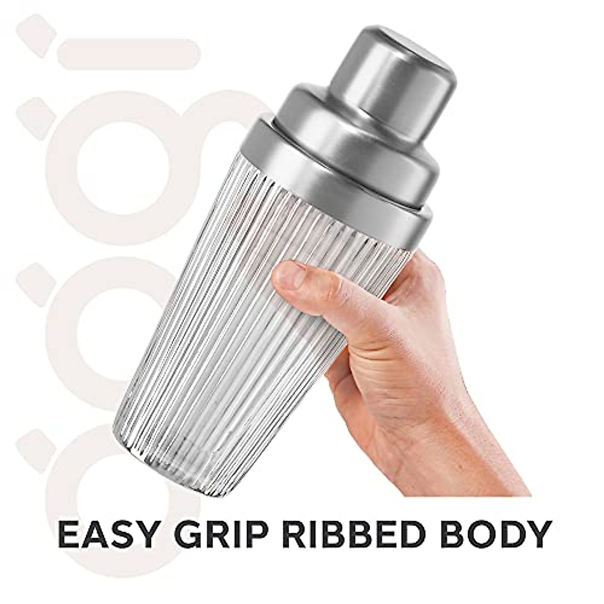 OGGI Vintage Ribbed Glass Cocktail Shaker- 16oz, Stainless Steel Top; Ideal Martini Shaker, Drink Shaker, Bartender Shaker; Make Great Bar Gifts, Cocktail Accessories and Bar Cart Accessories