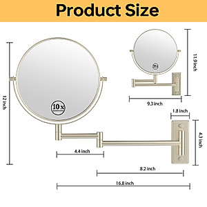 Wall Mounted Makeup Mirror - 8 inch Double Sided Retractable 360° Rotating Magnifying Mirror Wall Mounted Bathroom Swing Mirror Decorative Brushed Nickel