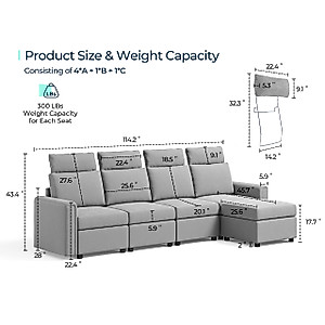 LINSY HOME Modular Sectional Sofa, Upgraded High Back Sectional Couch with 4 Headrests, L Shaped Sofa Bed with Storage, Sofa Covers Removable, 5 Seat Couch with Ottoman for Living Room, Grey