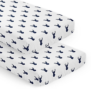 Sweet Jojo Designs Navy Blue White Woodland Deer Boy Baby Fitted Crib Sheet Set Nursery Soft Infant Newborn Fits Standard Mattress or Toddler Bed - 2pc - Forest Animal Stag Antler