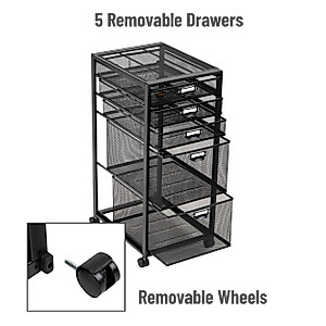 MIND READER Rolling File Cabinet with Drawers [5 Drawers] Craft Cart Organizer with Wheels, Slim Storage for Makeup, Kitchen, Utilities, Office Supplies, and Tools (BLACK MESH)