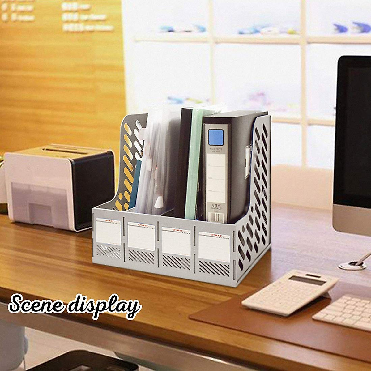 SAYEEC 4 Compartment File Holder Folder Grid Bookshelf Magazine Organizer Plastic File Frame Desktop with Blank Labels A7 Notebook Storage Assemble File Box for Work/Office/Study