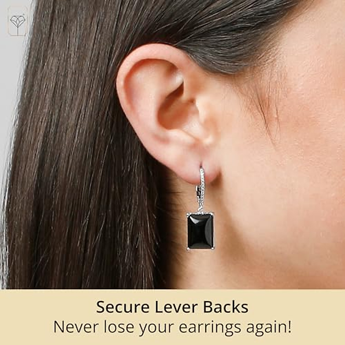 MAX + STONE Emerald Cut Black Onyx Dangle Earrings for Women in 925 Sterling Silver with Leverback and White Topaz Halo Accents 14mm Decemebr Birthstone