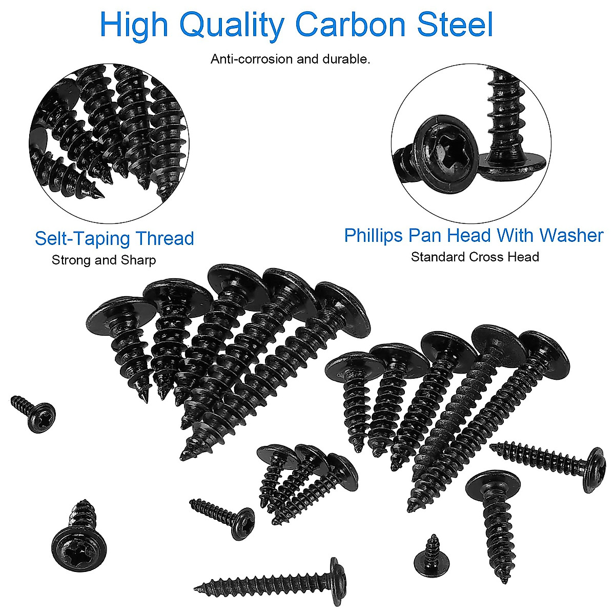 HanTof 420pcs M2 M3 M4 Phillips Truss Head Self-Tapping Wood Screws,Wafer Head Wood Screws,Pan Head with Washer Tapper Screws Assortment Kit for Wood,Plastic and Soft Metal,13 Sizes,Black Carbon Steel