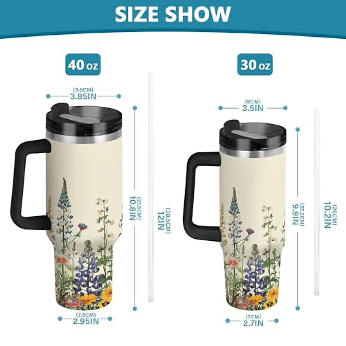 FRCSDIY Beautiful Flowers Insulated Tumbler with Handle and Straw Lid,30oz Leakproof Stainless Steel Cup BPA-Free Water Bottle