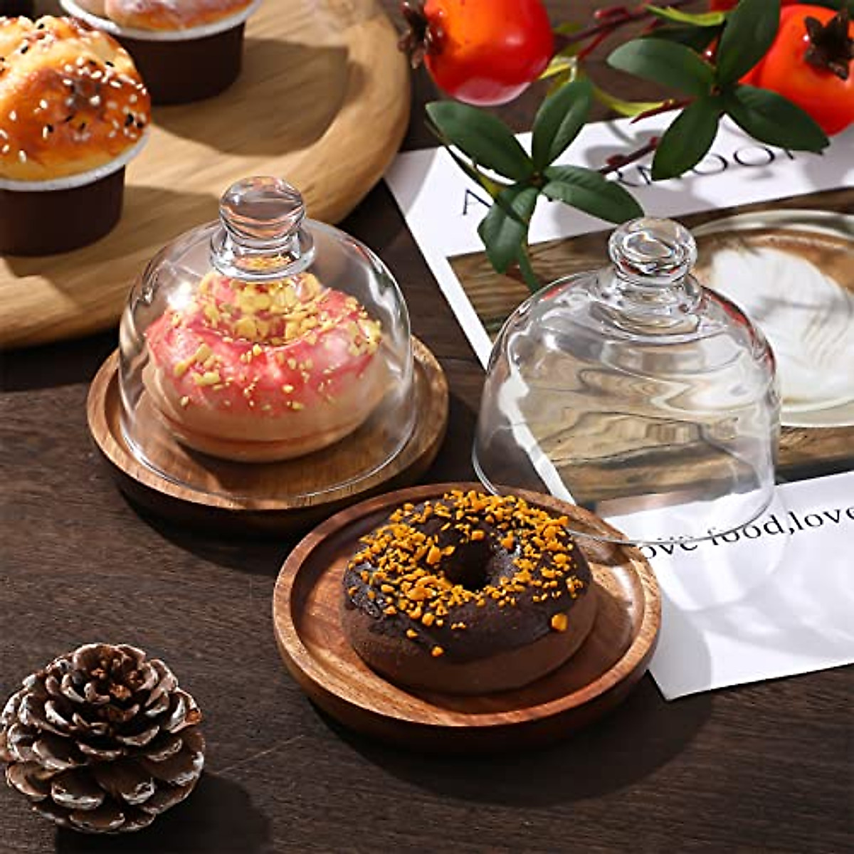Yardwe 2 Sets Glass Dome with Wooden Base Mini Cake Stand Glass Display Dome Cloche Clear Glass Bell Jar Cover for Dessert Cheese Candy Plants Succulents (4.1 x 3.7 Inch)