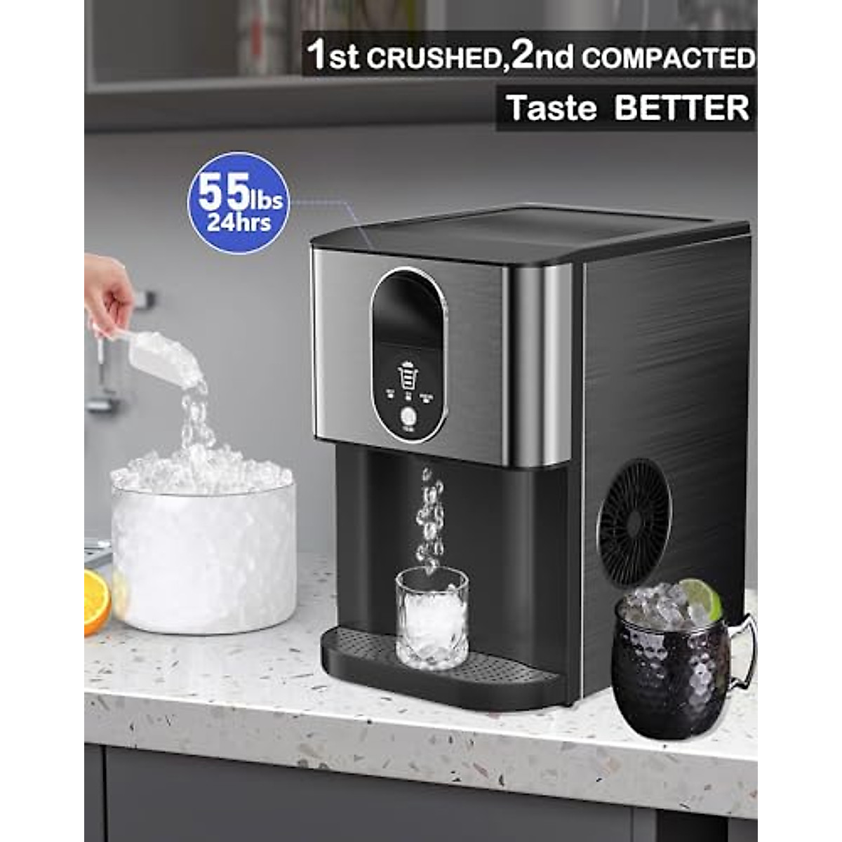 Kndko Nugget Ice Maker,Self Dispensing Pellet Ice Maker,44lbs/24H, Self Cleaning Ice Maker,3.3lbs Ice Storage,Nugget Ice Maker Dispenser,Countertop Nugget Ice Maker for Home Kitchen Bar Party Black