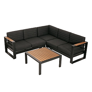 Christopher Knight Home Sornsa Outdoor Aluminum Frame Sets, Outdoor Sectional Sofas with Table Set, Aluminum Frame Sofas Sets, Polywood Accents Seating Patio Furniture Conversation Sets, Black