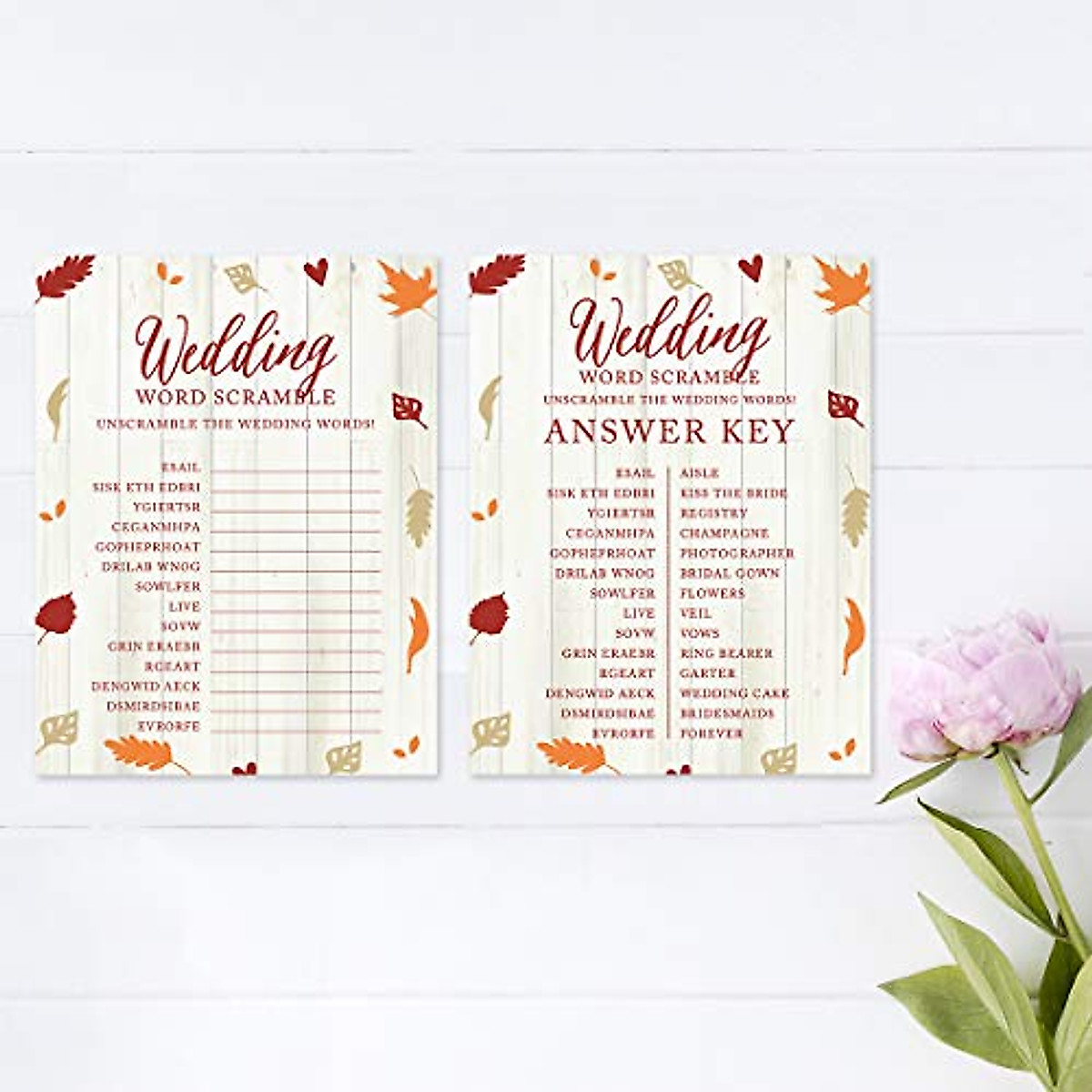 Andaz Press Fallin' in Love Autumn Fall Leaves Wedding Party Collection, Wedding Word Scramble Bridal Shower Game Cards, 20-Pack