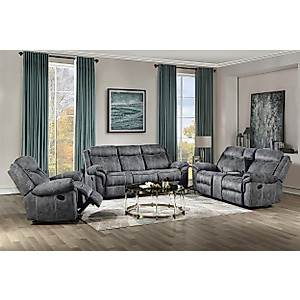HABITRIO Reclining Sofa, Solid Wood Frame&Grey Velvet Upholstered 3-Seat Recliner Couch w/Back&Seat Cushion, Drop-Down Table w/USB Charging Dock, Middle Storage Drawer, Furniture for Living Room