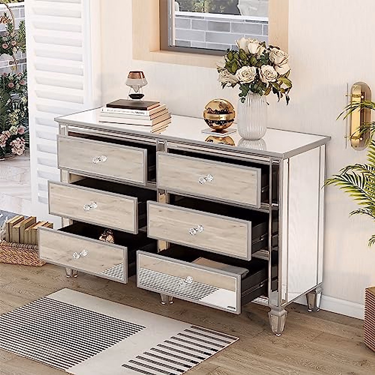 SOFTSEA Modern 6 Drawer Mirrored Dresser, Glass Dresser & Chest of Drawers for Bedroom, Silver Finished Storage Cabinet with Crystal Knobs, Easy Assembly