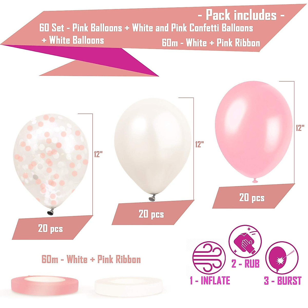 Dandy Decor 60 Pack Pink Balloons + Pink Confetti Balloons + White Balloons w/Ribbon | Light Pink Balloons | Pink Balloon | Pink Latex Balloons | Baby Pink Balloons | Bulk Balloons