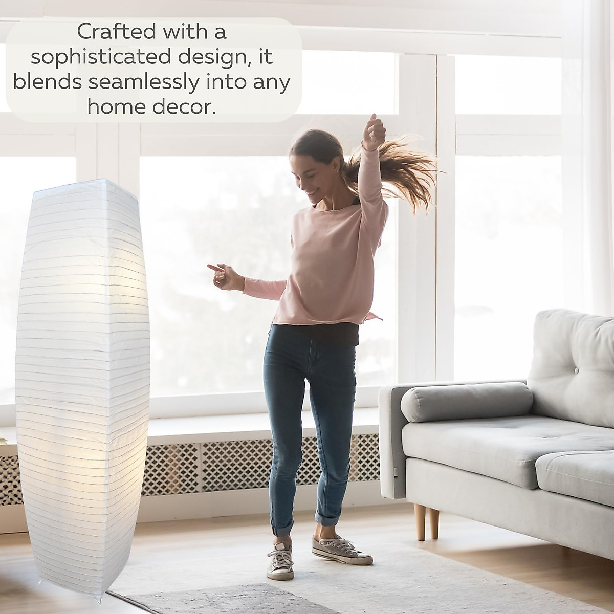 LIGHTACCENTS Japanese Style Rice Paper Floor Lamp - 50 Inches Tall, White Paper Shade, Chrome Base, On/Off Foot Switch - Ideal for Living Room