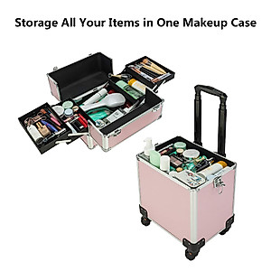 mefeir 4 in 1 Rolling Makeup Train Case, Aluminum Makeup Travel Organizer Cosmetic Case, Cosmetology Display Suitcase on Wheels, Beauty Storage Luggage Lockable w/4 Removable Wheels (Pink)