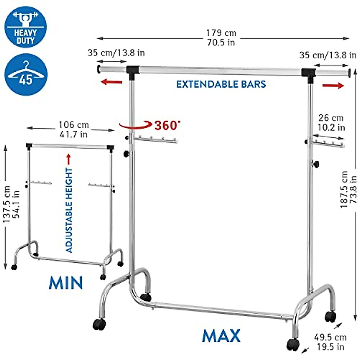 Tatkraft Falcon Garment Rack, Clothes Rack on Wheels, Adjustable Length & Height, Chromed Steel