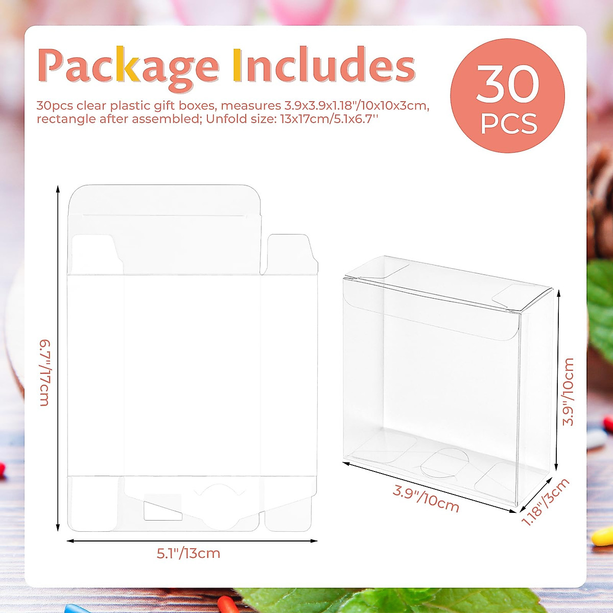 CZWESTC 30 Pack Rectangle Plastic Favour Boxes，4x4x1.2inch Clear Boxes for Treats, Cookie, Chocolate, Sugar, Wedding, Christmas Party, Festival Gift Packaging