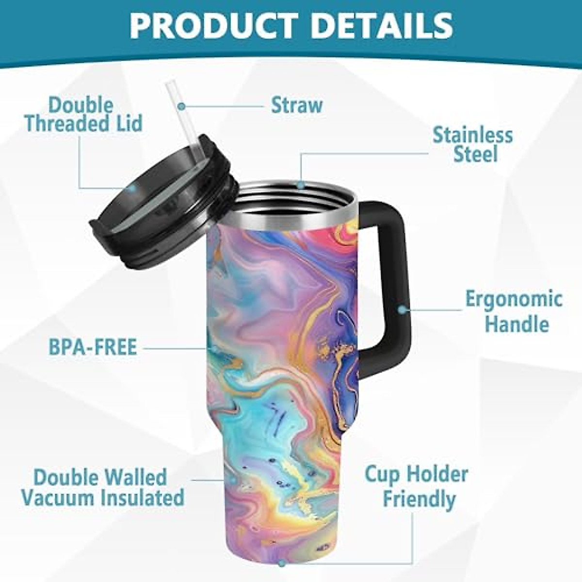 FRCSDIY Colored Marble Insulated Tumbler with Handle and Straw Lid,30oz Leakproof Stainless Steel Cup BPA-Free Water Bottle