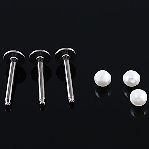 FM FM42 Stainless Steel 3mm Diameter Simulated White Pearl 16G 6/8/10mm Height Labret Monroe Stud (Pack of 6)