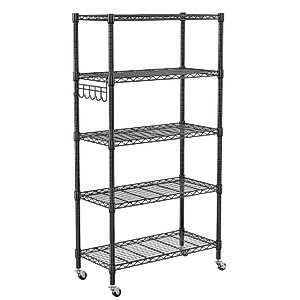 Homdox 5 Tier Metal Storage Shelves with Wheels, Heavy Duty Wire Shelving Unit, Adjustable Storage Racks with Side Hooks for Bathroom Kitchen Garage Pantry Organization, Black