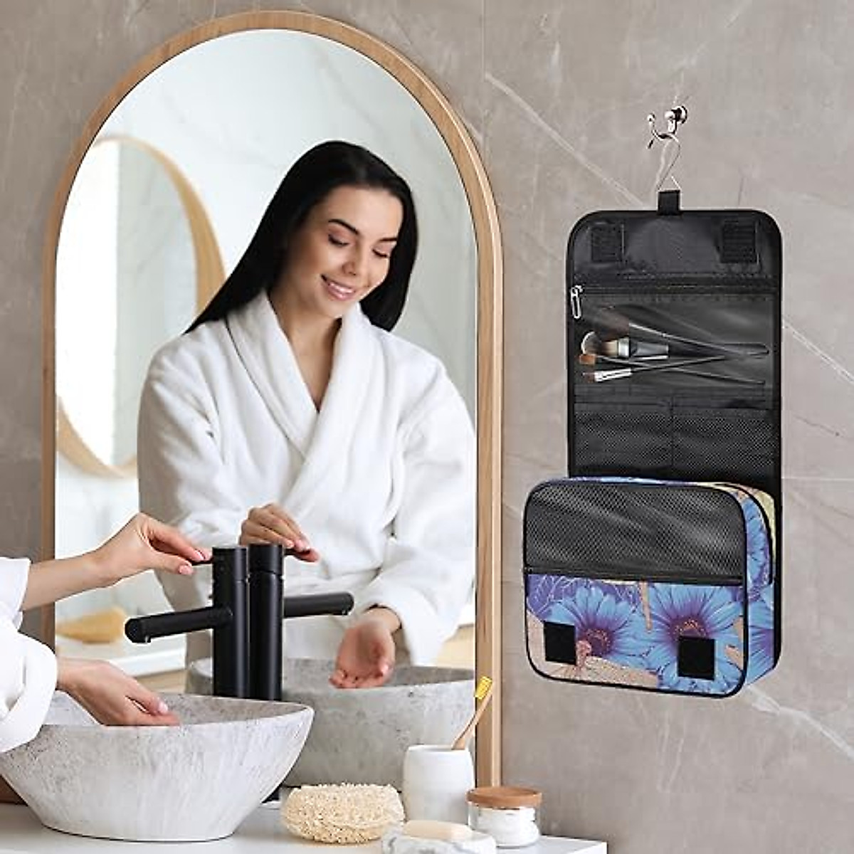 POFATO Dragonfly Blue Flower Travel Toiletry Bag Cosmetic Makeup Bag for Women Men Hanging Hook Wash Toiletries Portable Toiletry Bags Organizer