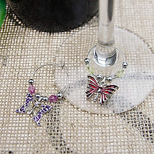 6pcs Wine Glass Charms Butterfly Sterling Glass Wine Pendant Ring Charms Table Decor