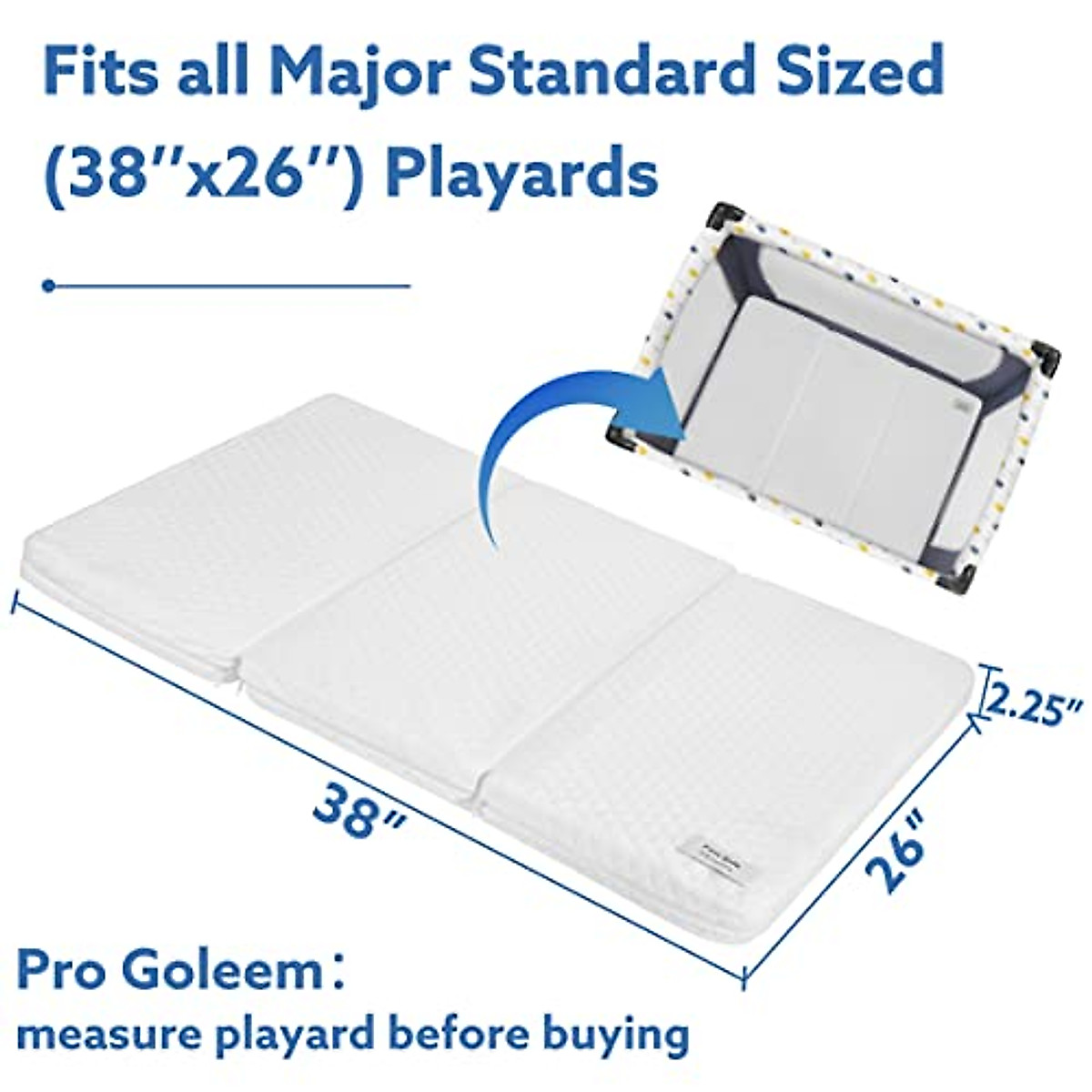 Pro Goleem Pack and Play Mattress, Trifold Fitted Waterproof and Portable Pad Soft Mini Crib Mattress for Toddlers, 38 X 26 X 2.25 Inch