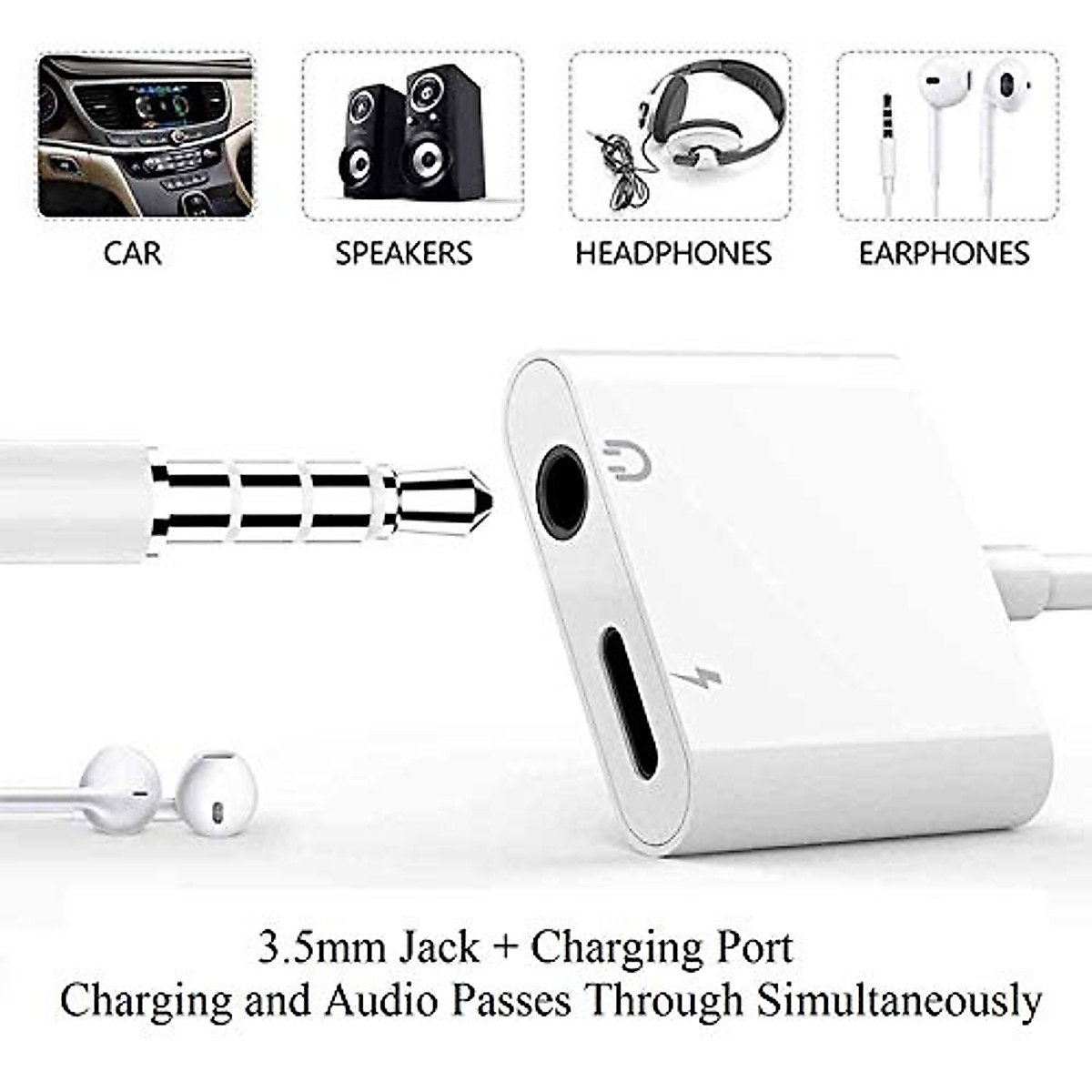 iPhone Headphones Adapter, Apple MFi Certified 2 in 1 Lightning to 3.5 mm Headphone Jack Adapter Dual Ports Dongle Charger Jack & AUX Audio 3.5mm Earphone Accessory for iPhone 12/11/X/XS/XR/8/7/SE