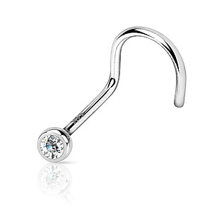 14 Karat 14K Solid White Gold Bezel Clear CZ Set Nose Stud Screw Ring 18g 5/16"