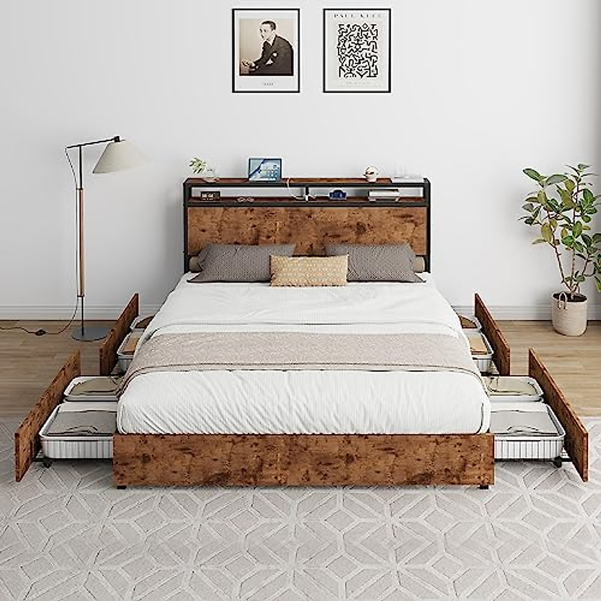 AMERLIFE King Size Storage Bed Frame, Wooden Platform Bed with Charging Station, 4 Drawers & Headboard/No Box Spring Needed/Noise-Free/Dark Brown