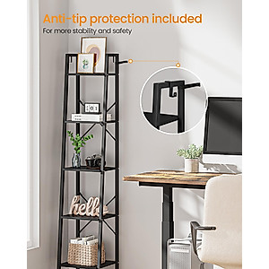Hzuaneri Ladder Shelf, Bookshelf Bookcase, Freestanding Corner Storage Shelve with 2 Hooks for Home Office, Living Room, Kitchen, Bedroom, Industrial, 5-Tier Black BC03204B
